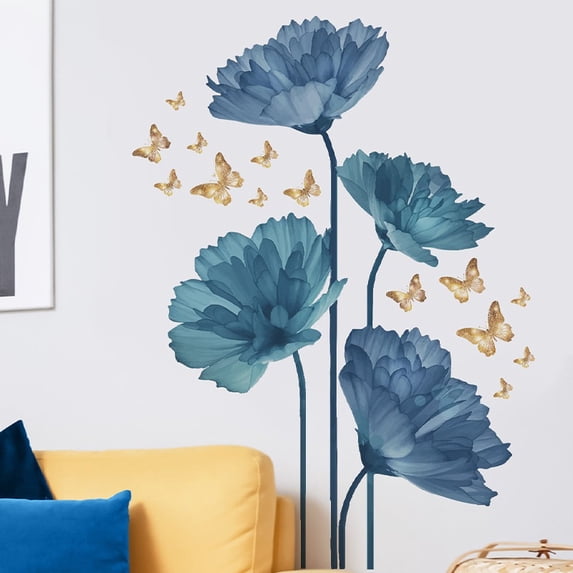 Blue Ink Flower Butterfly Wall Stickers - Self-Adhesive Decorative Wall ...