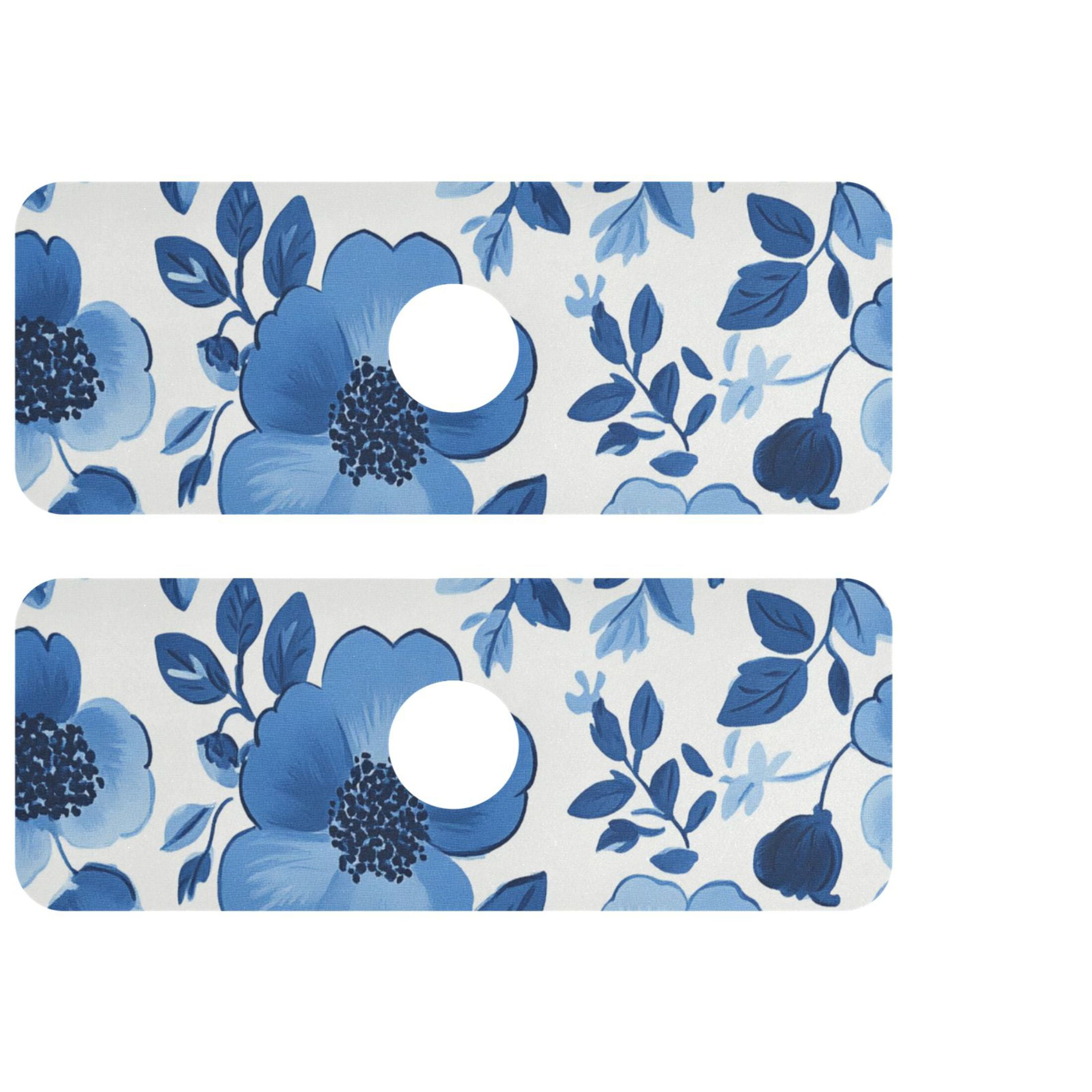 Blue Ink Flower Kitchen Sink Splash Guard, Silicone Sink Faucet Mat Dry ...