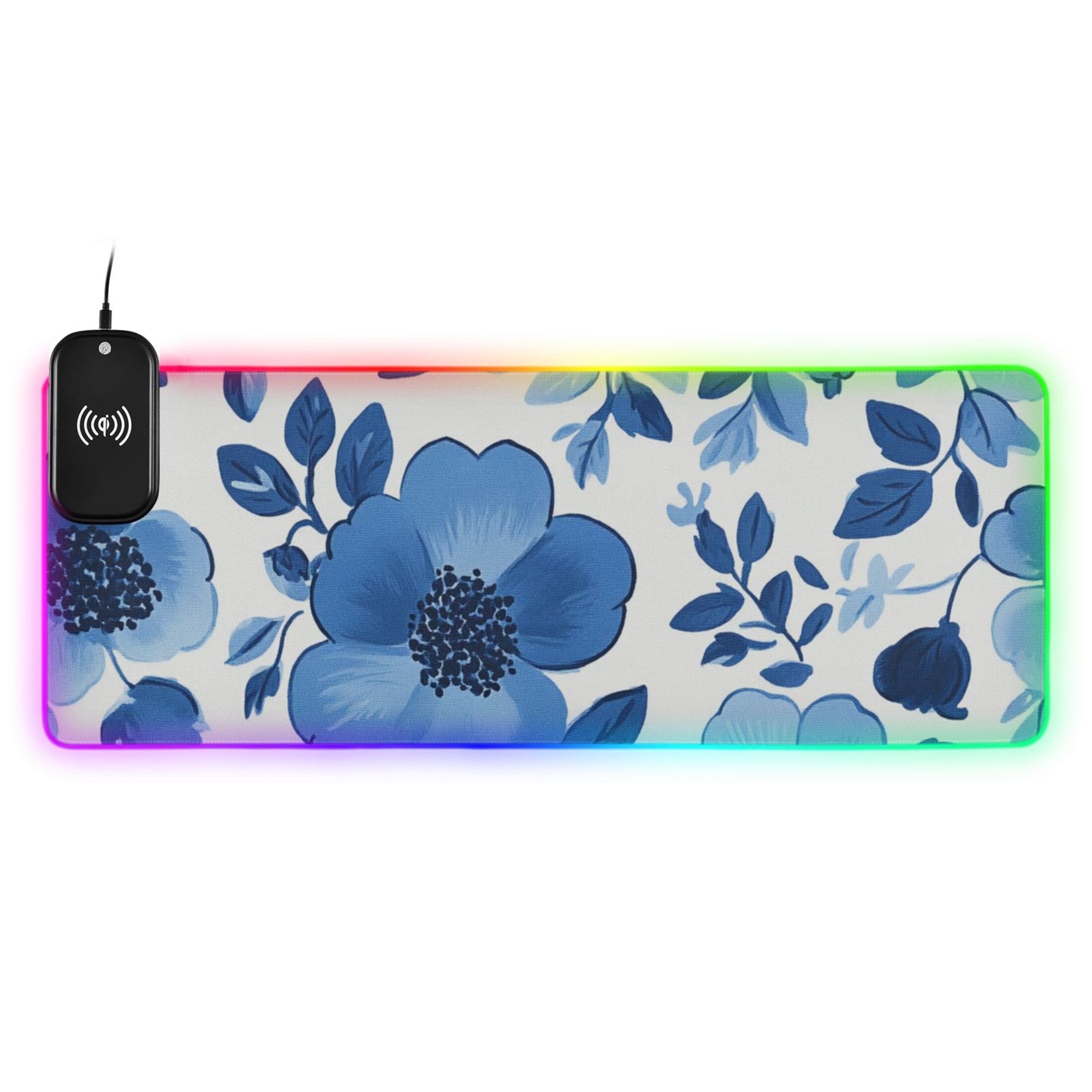 Blue Ink Flower Wireless Charging RGB Gaming Mouse Pad Large Keyboard ...
