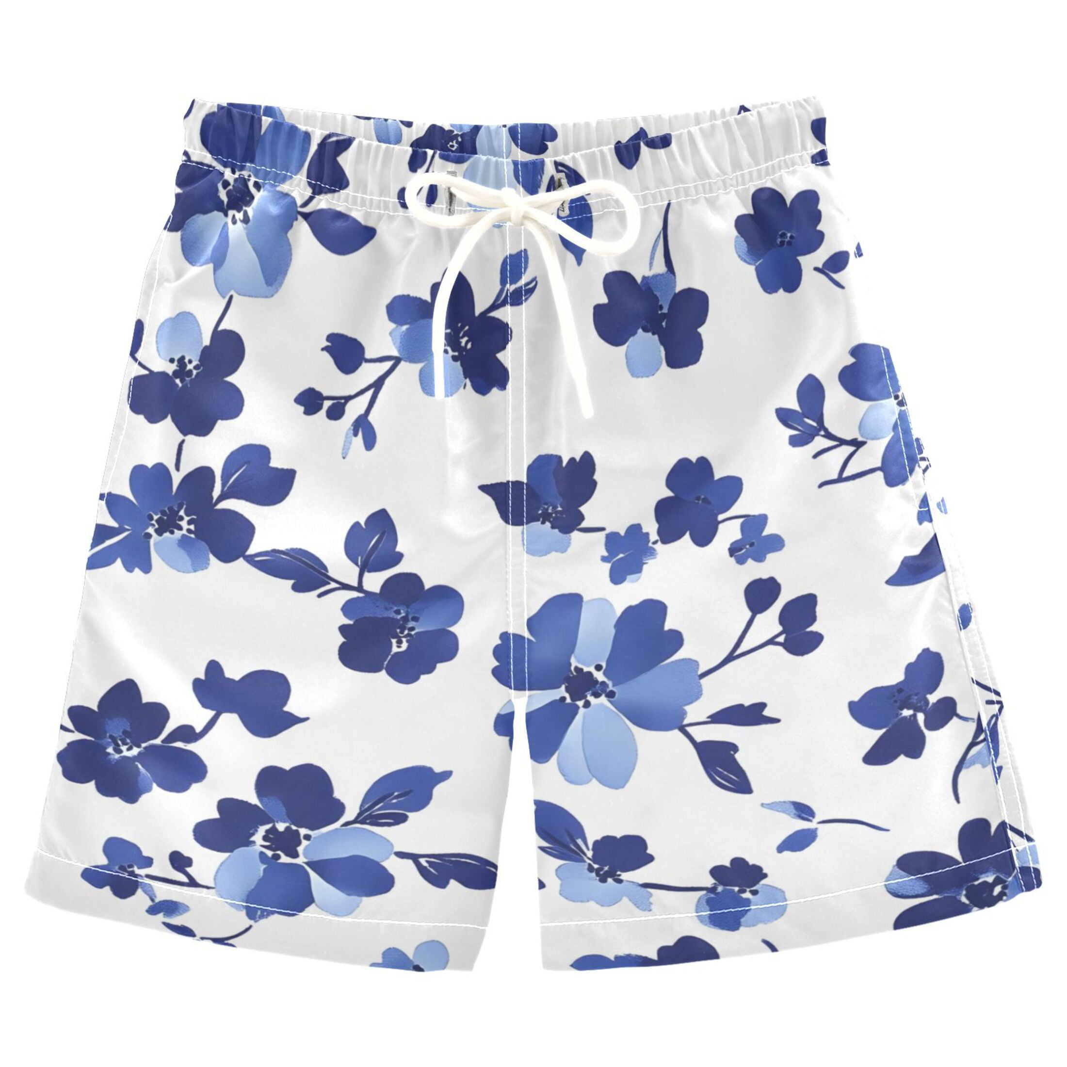 Blue Ink Flower on White Background Boys' Beach Pants Board Shorts Swim ...