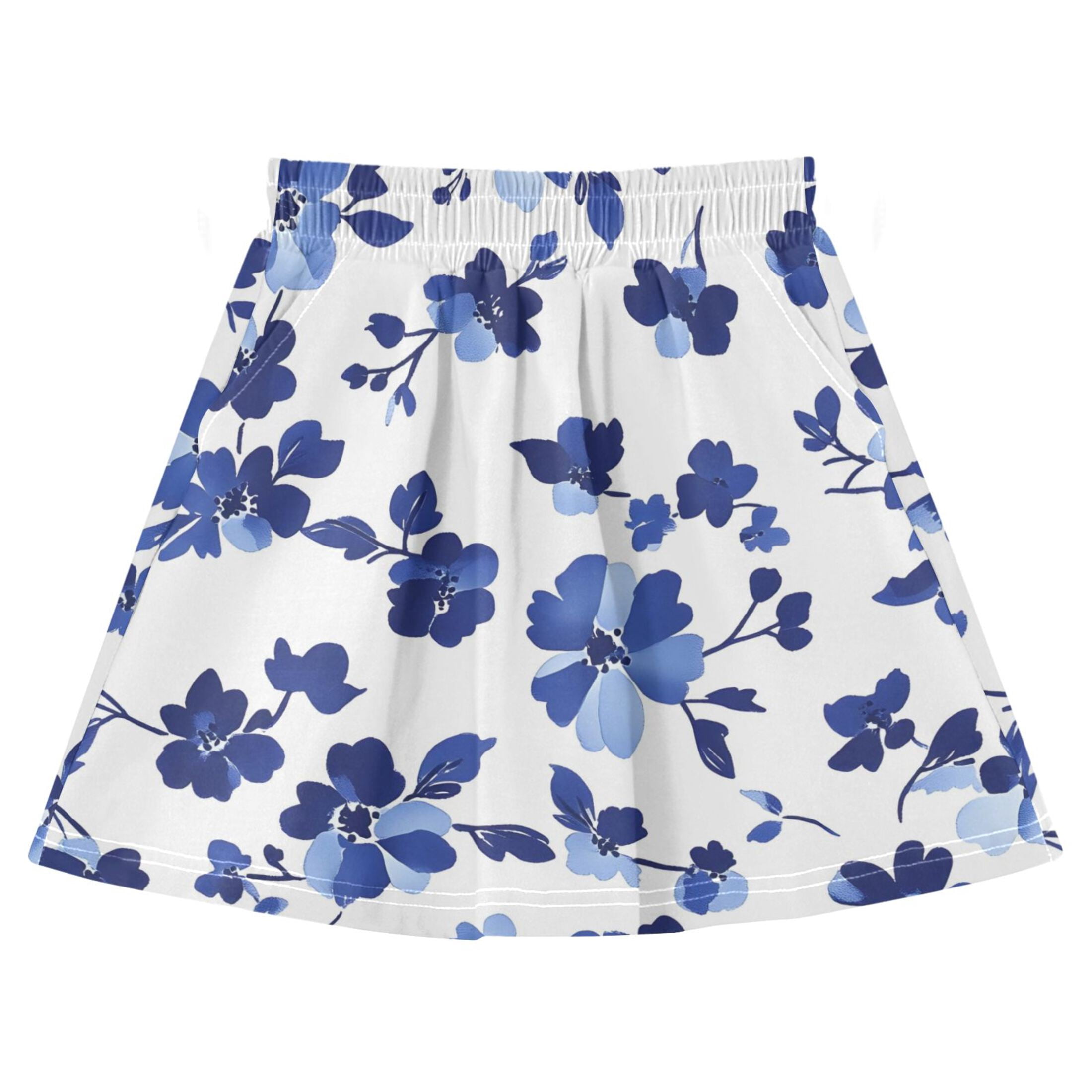 Blue Ink Flower on White Background Girls' Skirts A-Line Skirts with ...