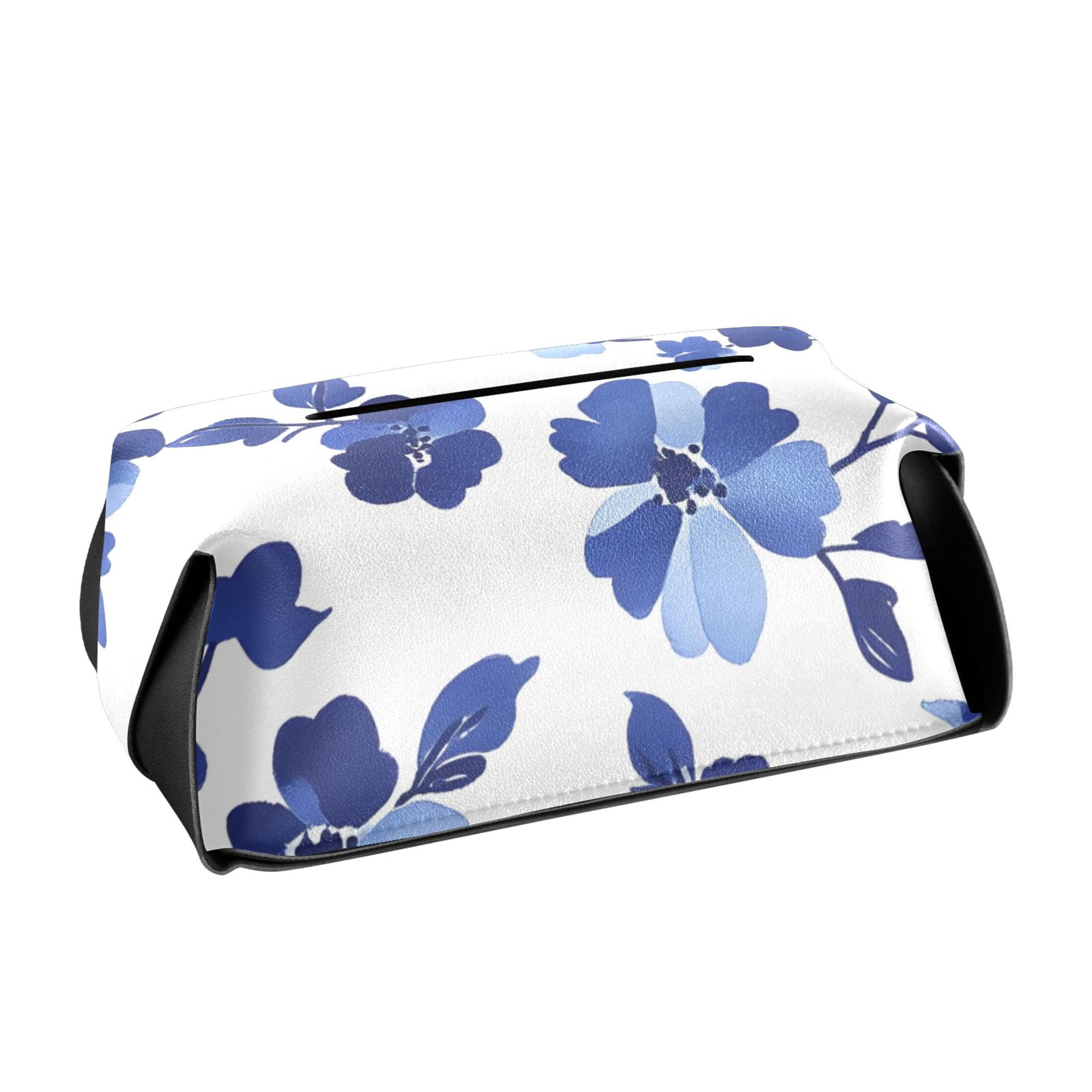 Blue Ink Flower on White Background Tissue Box Cover Leather Square ...
