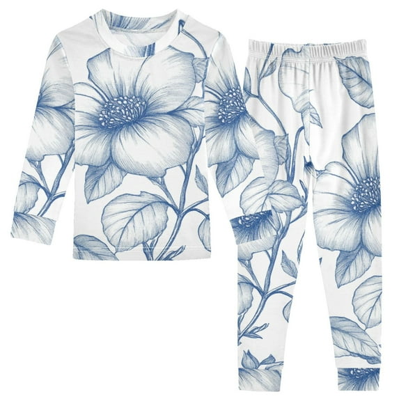 Blue Ink Flowers Leaves Cotton Pajama Set Long Sleeve Top and Pants ...