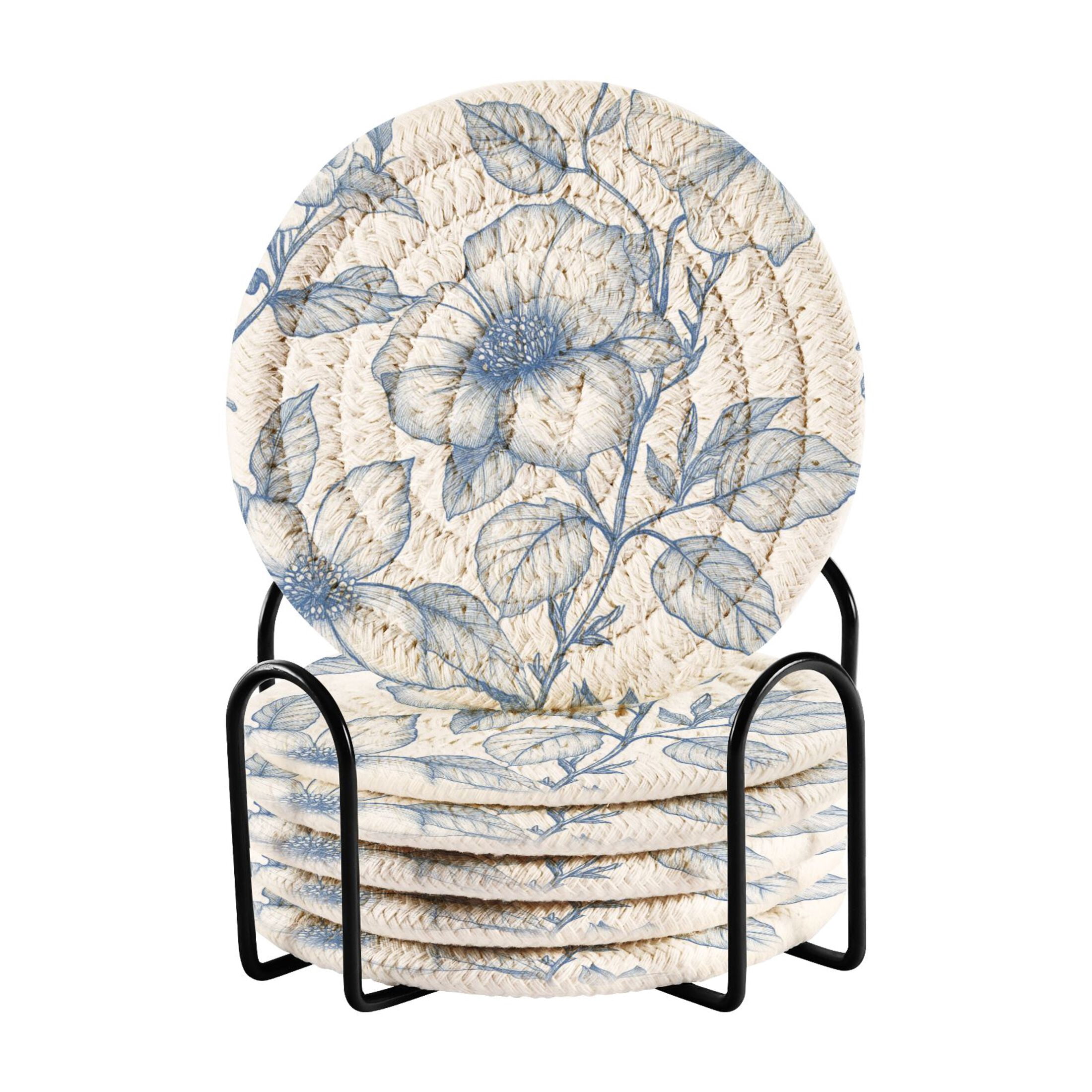Blue Ink Flowers Leaves Drinking Coasters Cup Mat with Holder for ...