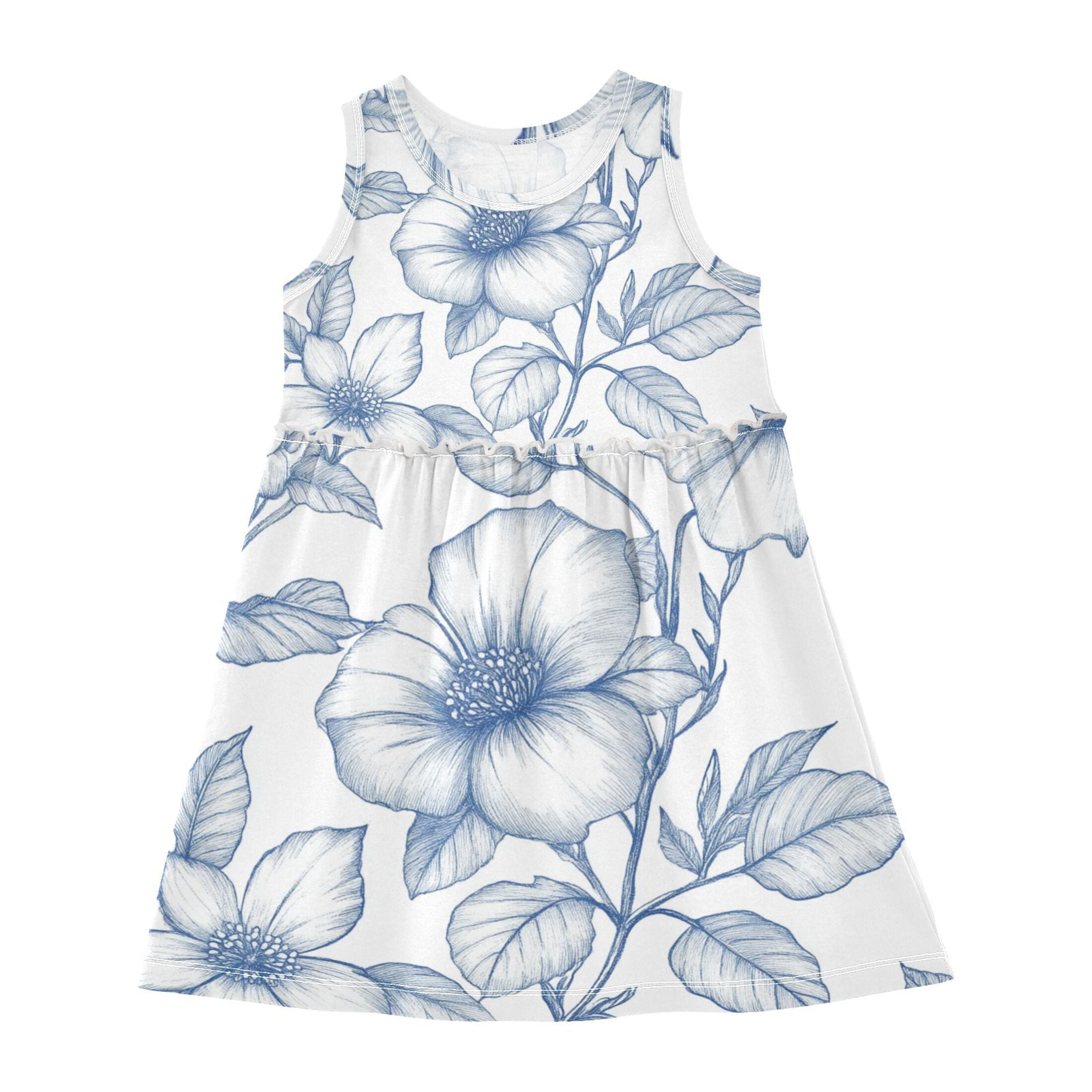 Blue Ink Flowers Leaves Girls' Sleeveless Dress A-Line One-Piece Dress ...