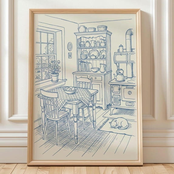 Blue Ink Kitchen Sketch Farmhouse Poster Unframed Paper Print - Walmart.com