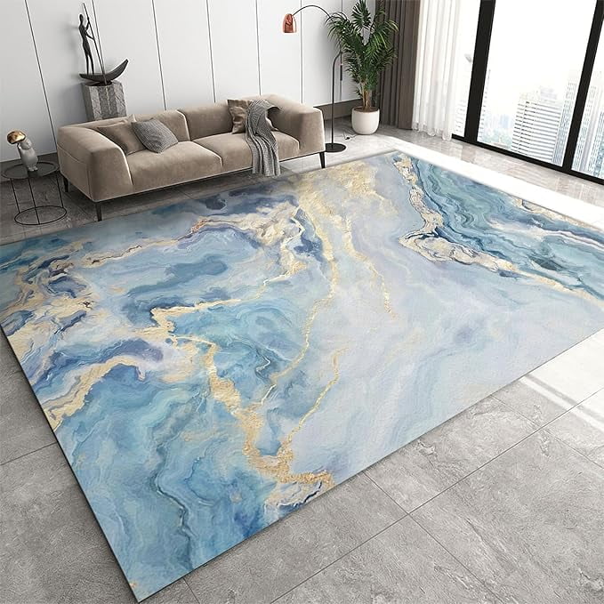 Blue Ink Marble Area Rug, Light Luxury Gold-Plated Texture Indoor ...