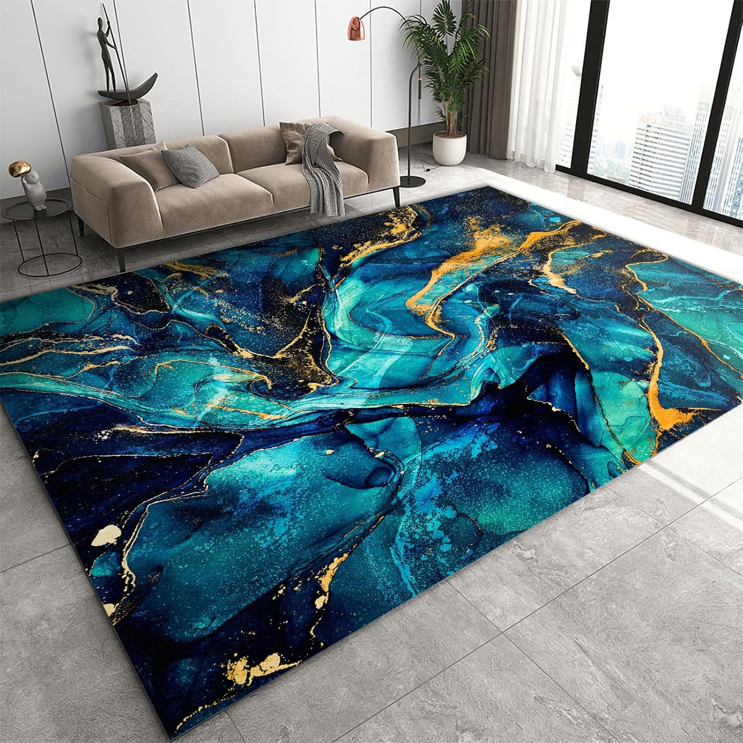 Blue Ink Marble Area Rug, Luxurious Blue Gold Texture Carpet, with Non ...