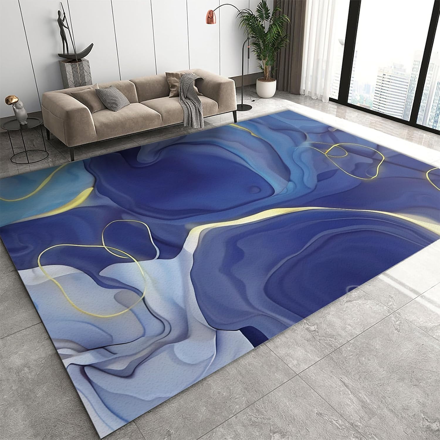 Blue Ink Marble Area Rug, Luxury Gilded Fluid Texture Indoor Rugs, With ...