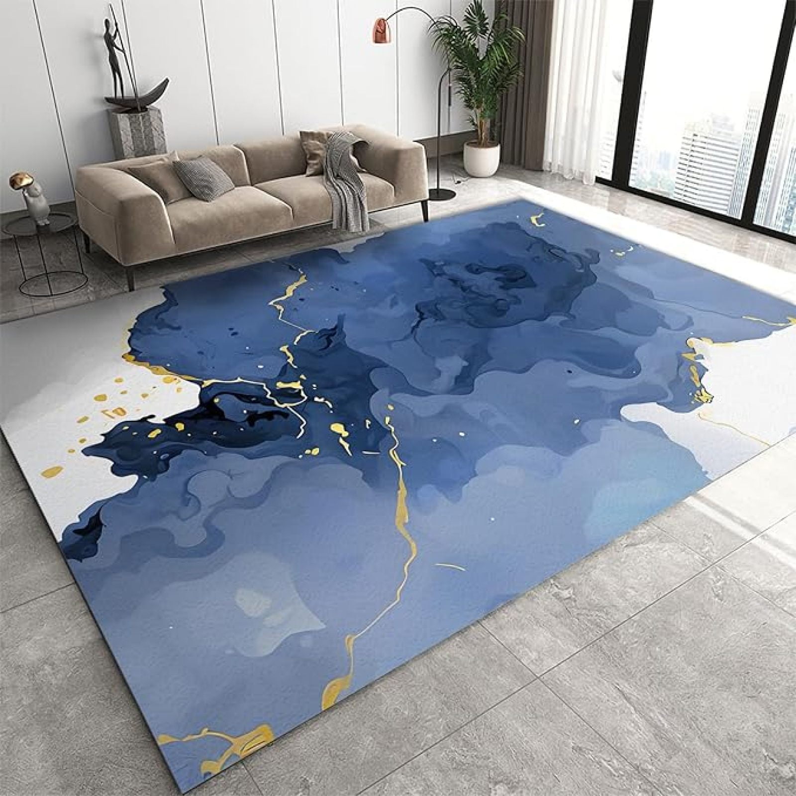 Blue Ink Marble Area Rugs, Luxury Blue Gold Fluid Texture Indoor Non ...