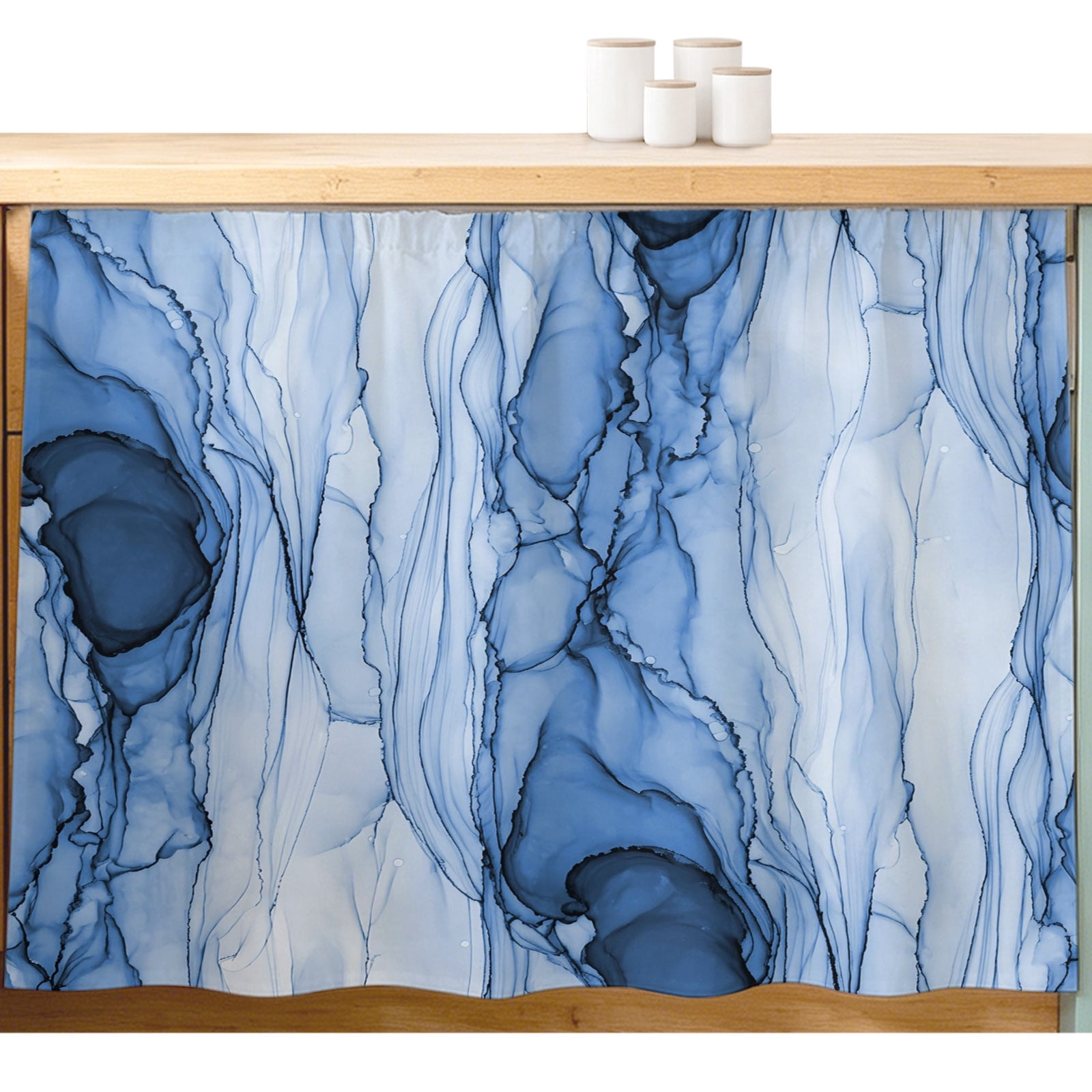 Blue Ink Marble Cabinet Curtains 10" W x 11" L, Coastal Nautical Water ...