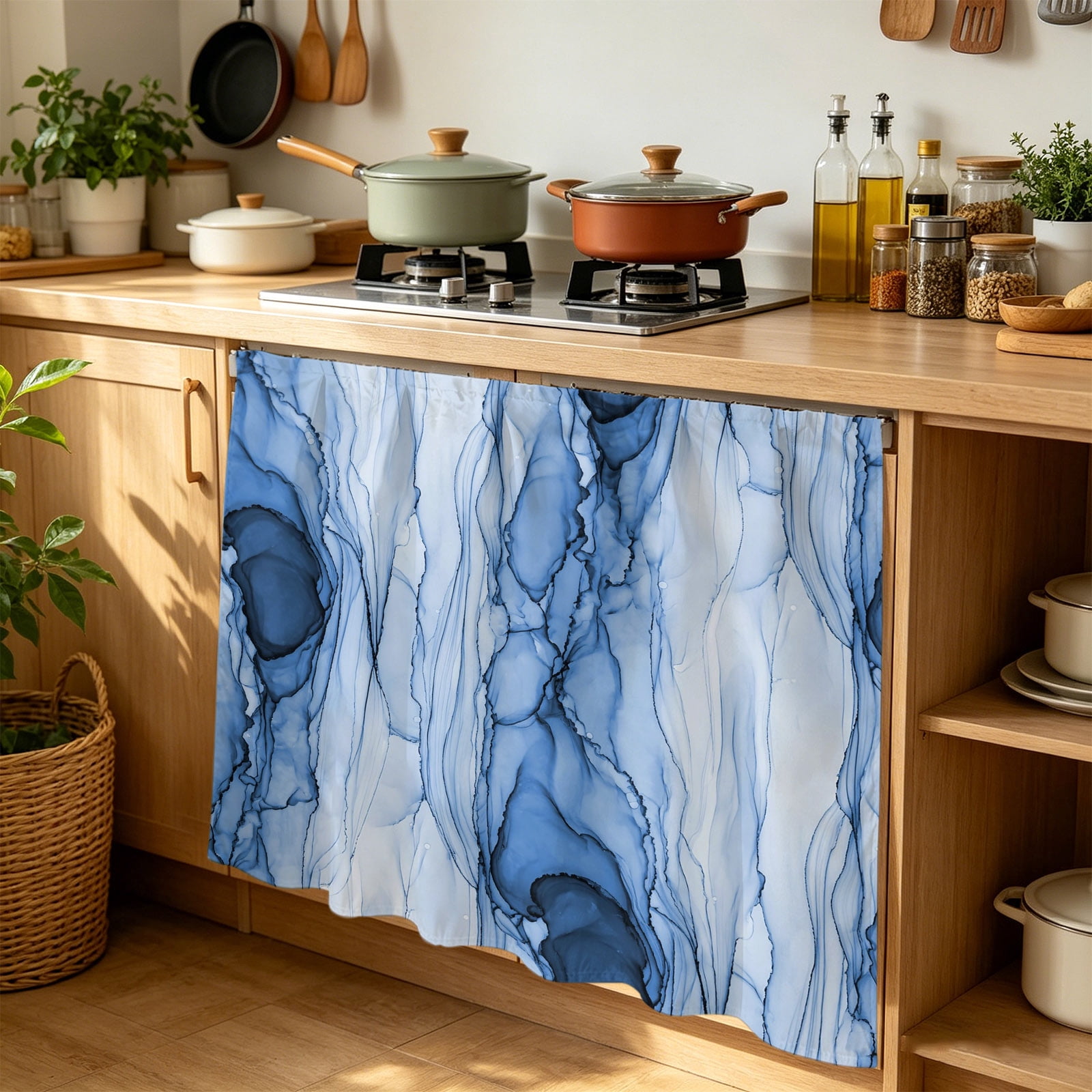Blue Ink Marble Cabinet Curtains 35" W x 35" L, Coastal Nautical Water ...