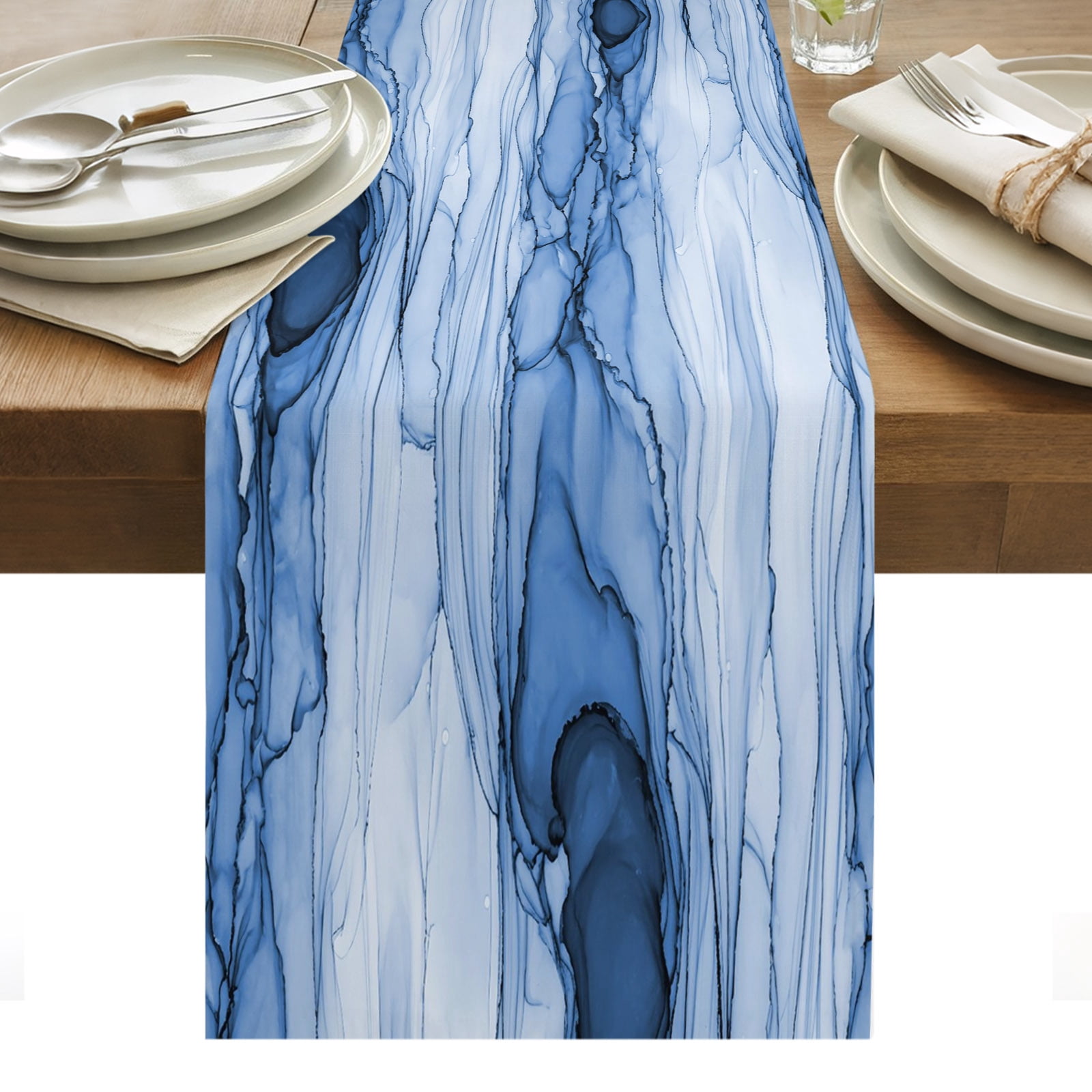 Blue Ink Marble Cotton Linen Table Runner Coastal Nautical Water ...