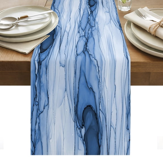 Blue Ink Marble Cotton Linen Table Runner Coastal Nautical Water ...