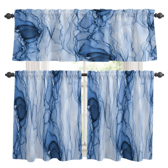 Blue Ink Marble Kitchen Curtains Set for Windows, Coastal Nautical ...