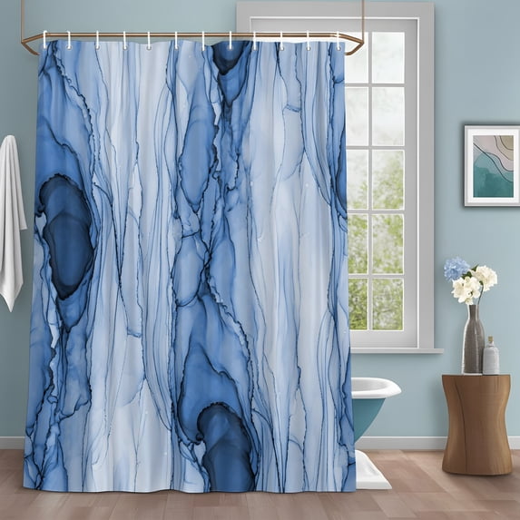 Blue Ink Marble Shower Curtain Set with Hooks, Coastal Nautical Water ...