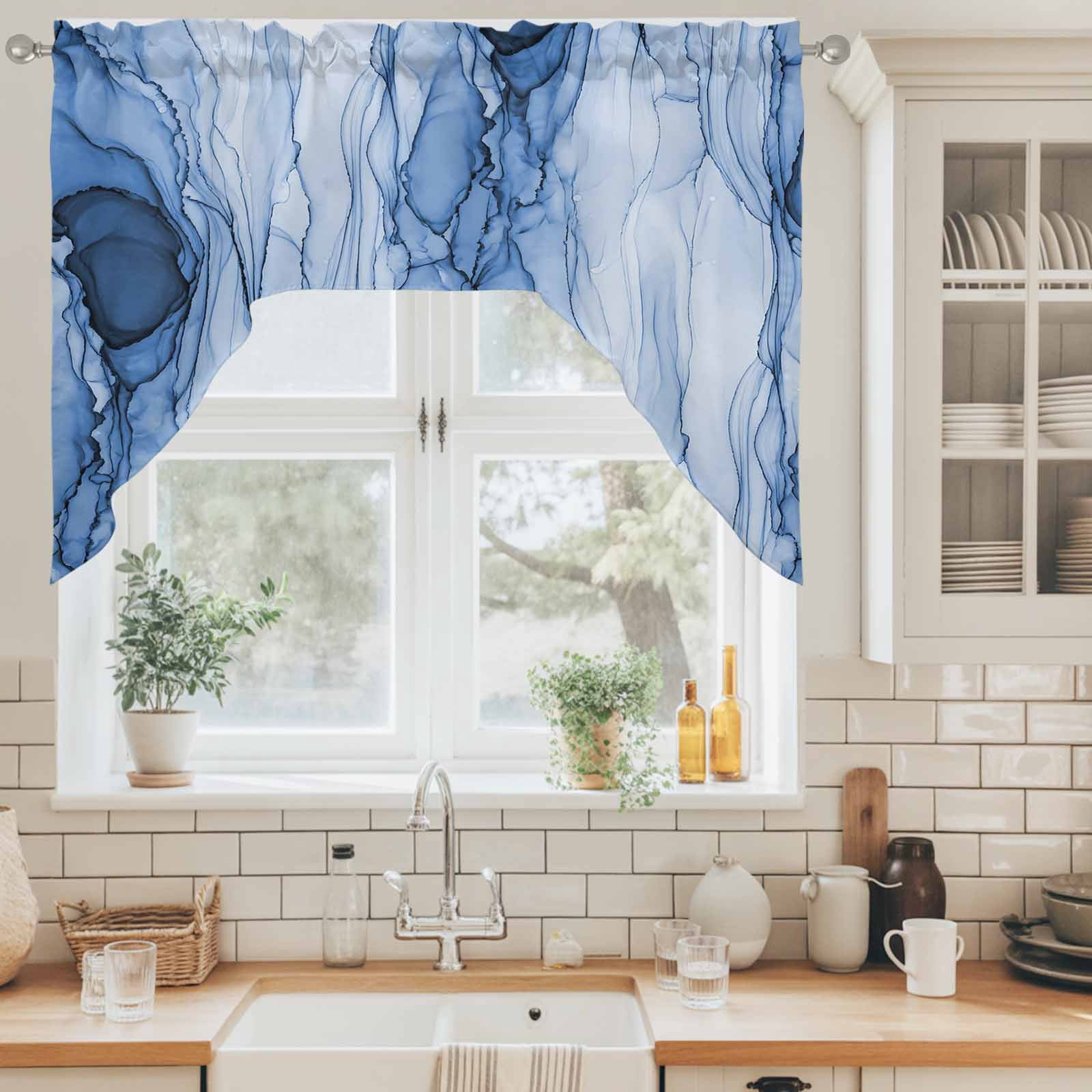 Blue Ink Marble Swag Curtain Valance for Windows, Coastal Nautical ...