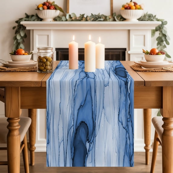 Blue Ink Marble Table Runner, Coastal Nautical Water Ripples Abstract ...