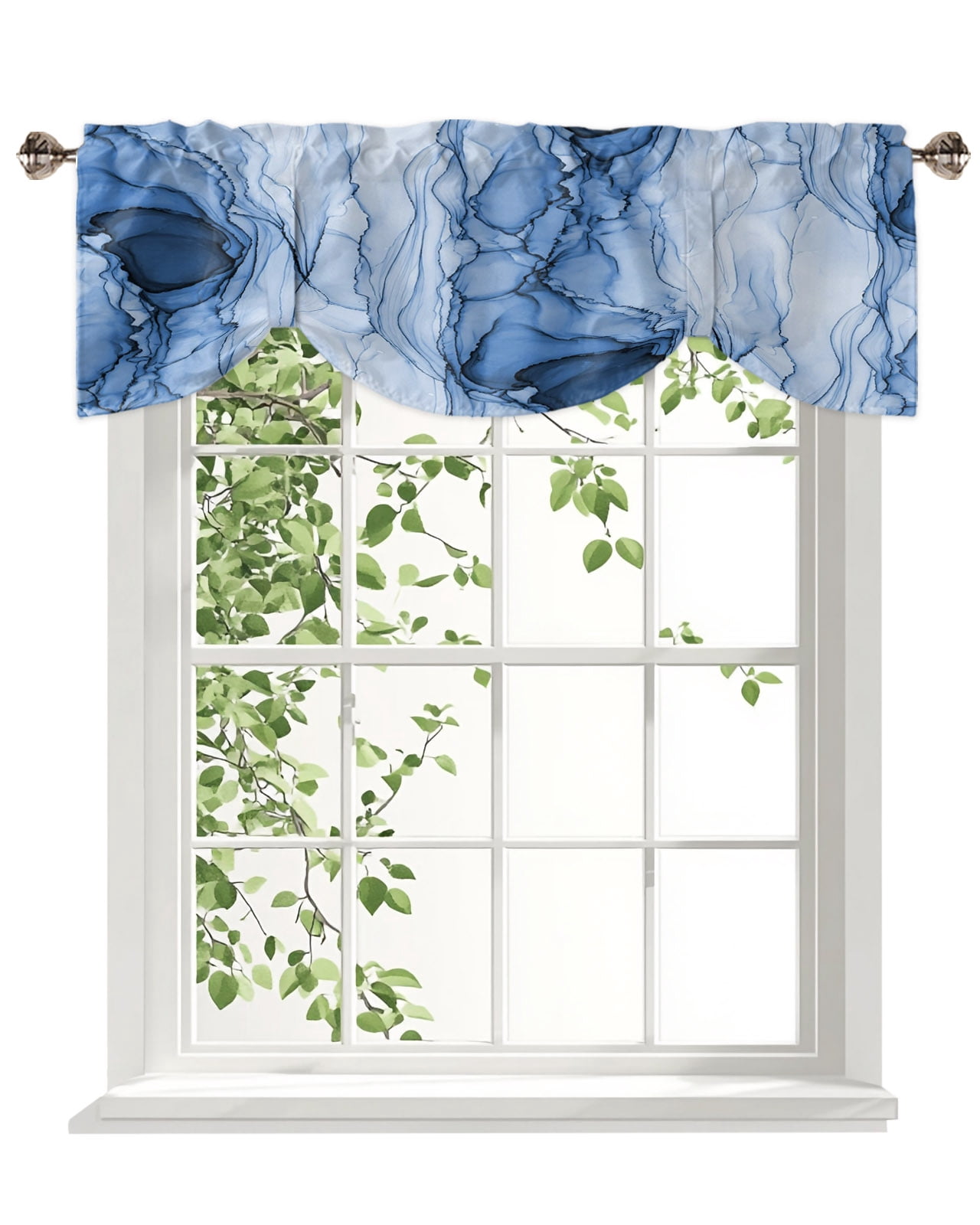 Blue Ink Marble Tie Up Valances Curtain, Coastal Nautical Water Ripples ...