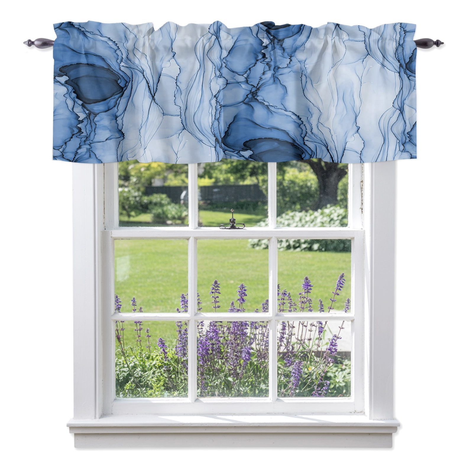Blue Ink Marble Valances for Windows, Coastal Nautical Water Ripples ...