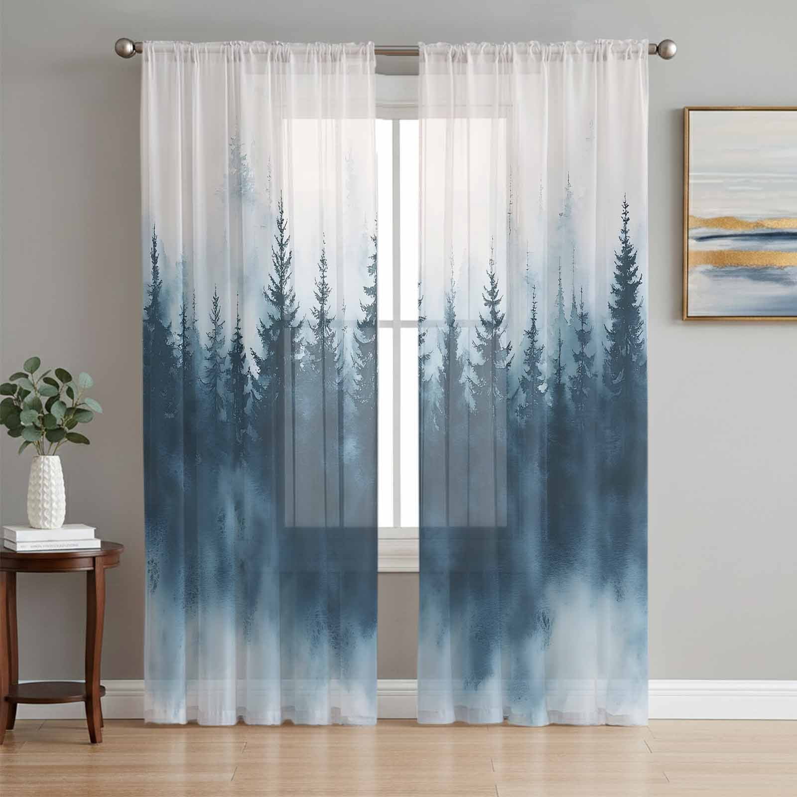 Blue Ink Ombre Forest Sheer Curtains 63 Inch Length 2 Panels Set ...