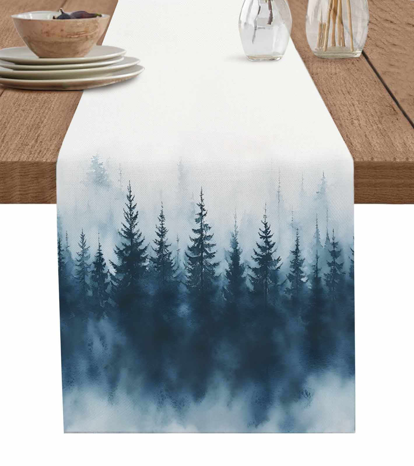 Blue Ink Ombre Forest Table Runner 90 Inches, Watercolor Tree Abstract ...