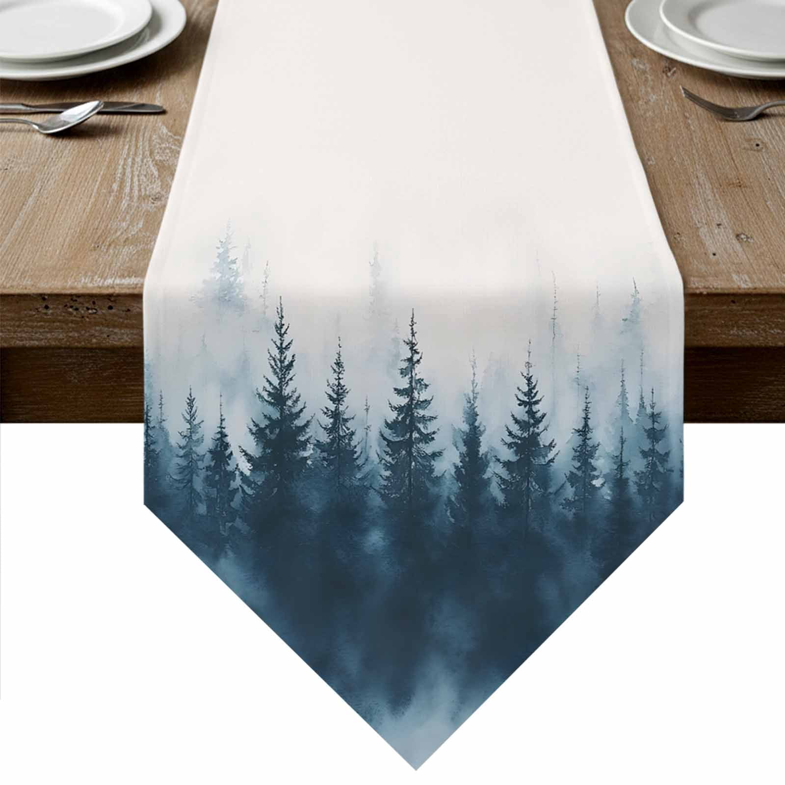 Blue Ink Ombre Forest Table Runner Linen Burlap Table Runner 72 Inches ...