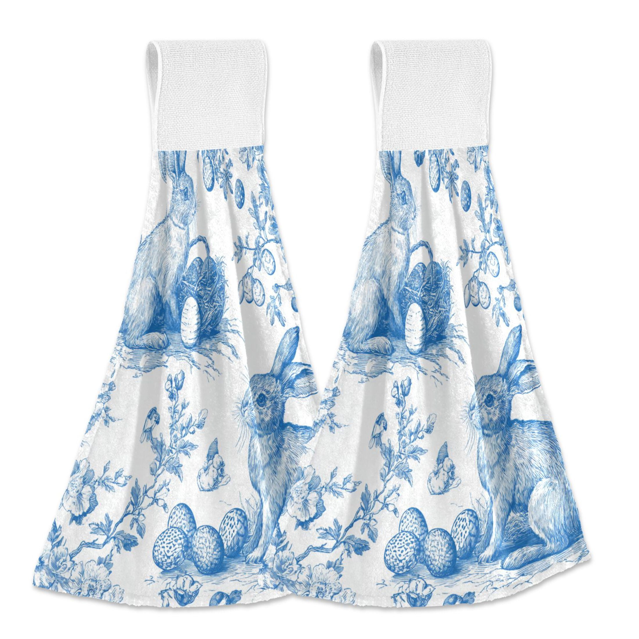 Blue Ink Rabbits Eggs Flowers Easter Hanging Towels with Loop Hand ...