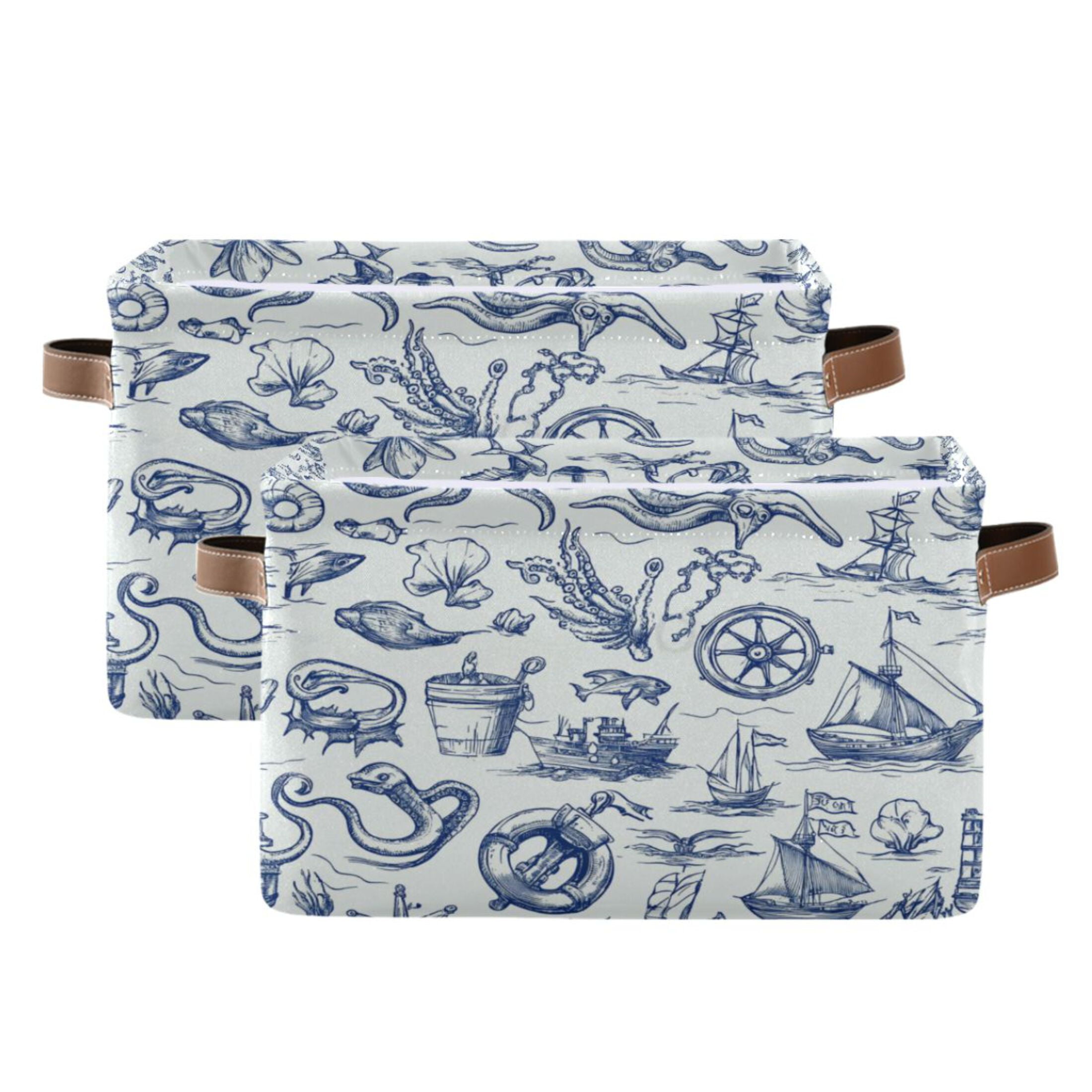 Blue Ink Style Sea Life Foldable Storage Basket,Canvas Fabric Foldable ...