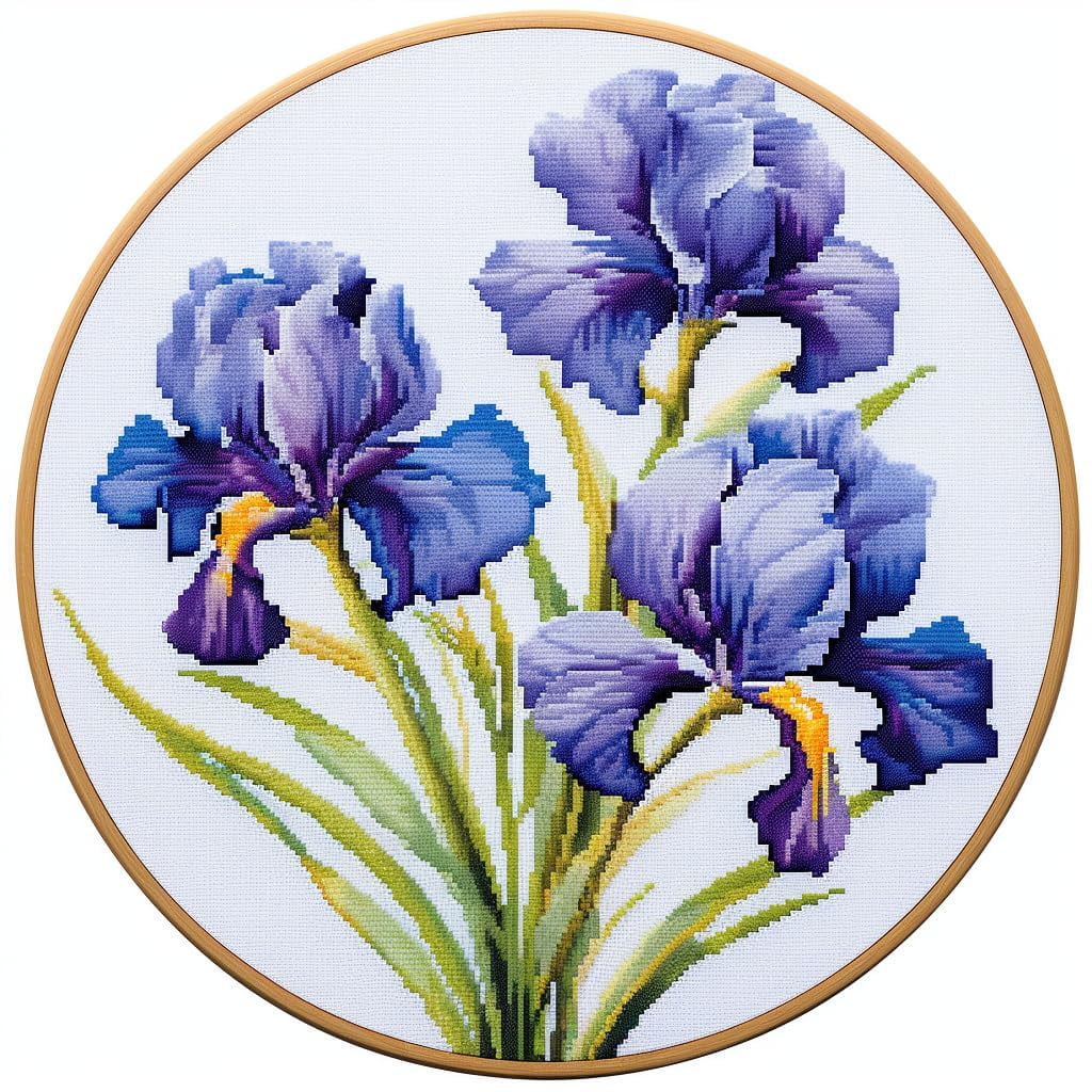 Blue Iris Flower Round Shape DIY Stamped Cross Stitch Kits for ...