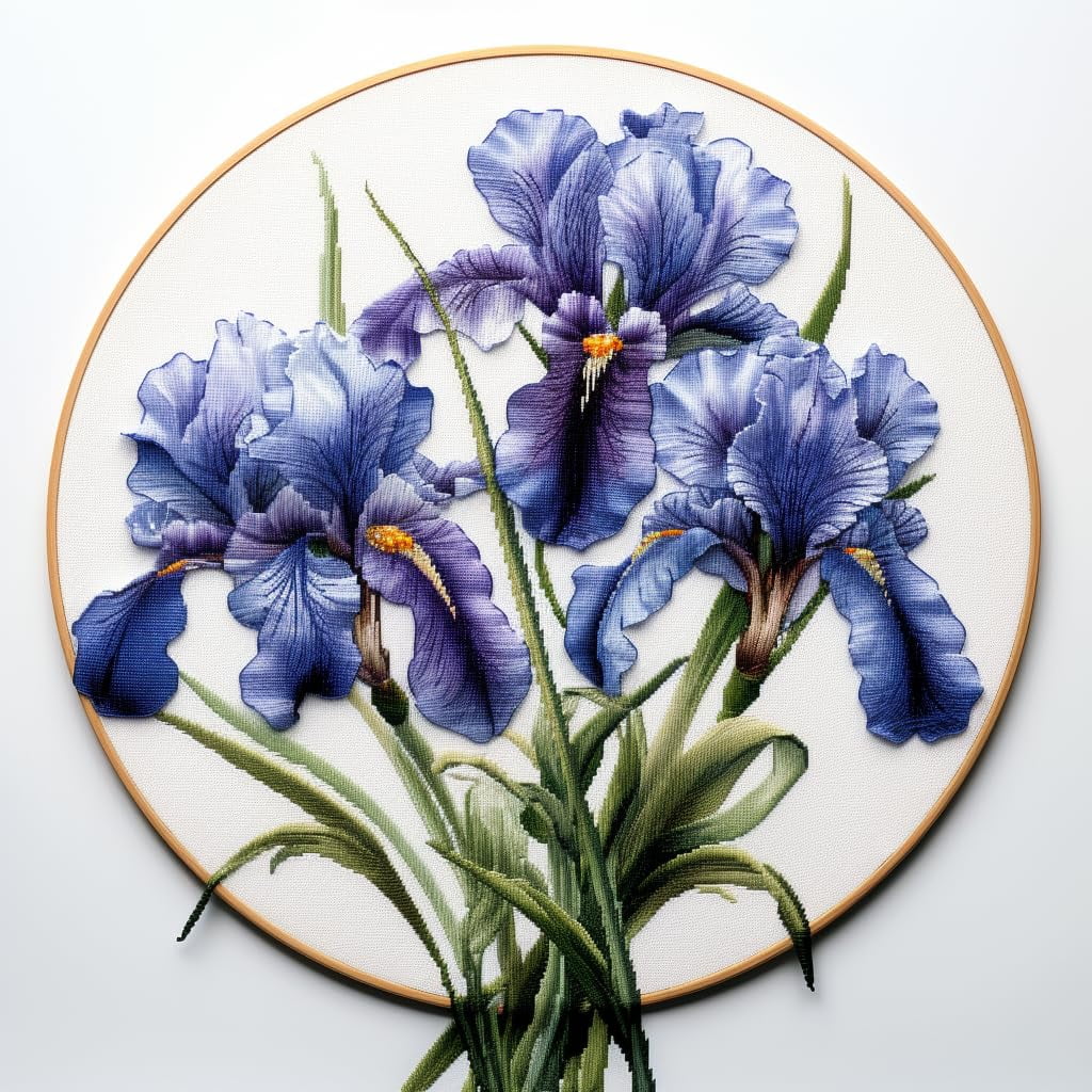 Blue Iris Flower Round Shape DIY Stamped Cross Stitch Kits for Beginners Easy with Hoop 11CT ...