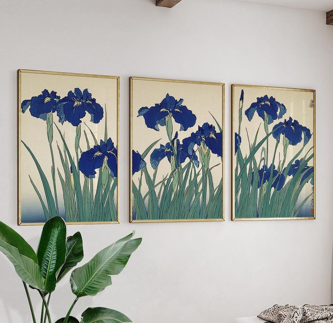 Blue Iris Flower Triptych Japanese Botanical Wall Art Version Two Set 3 ...