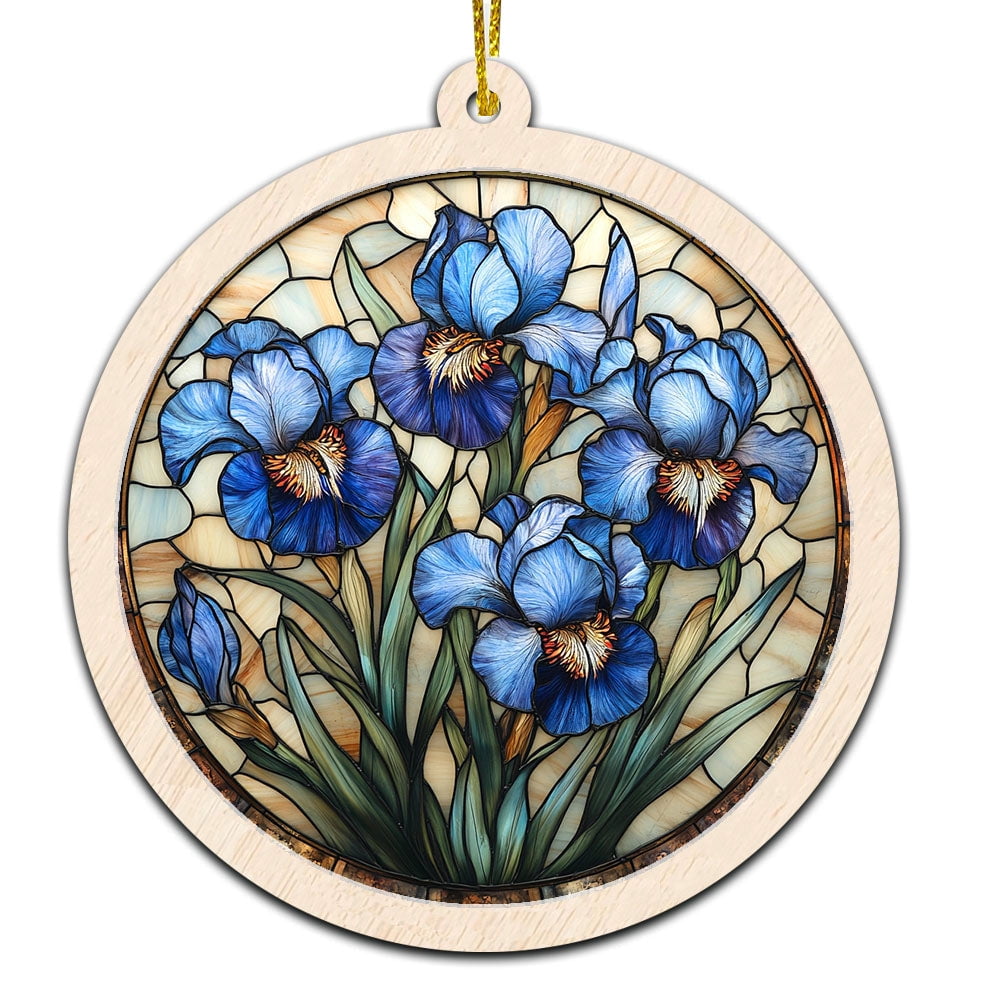 Blue Iris Stained Glass Suncatcher Ornament – Text Christmas 2025 Tree ...