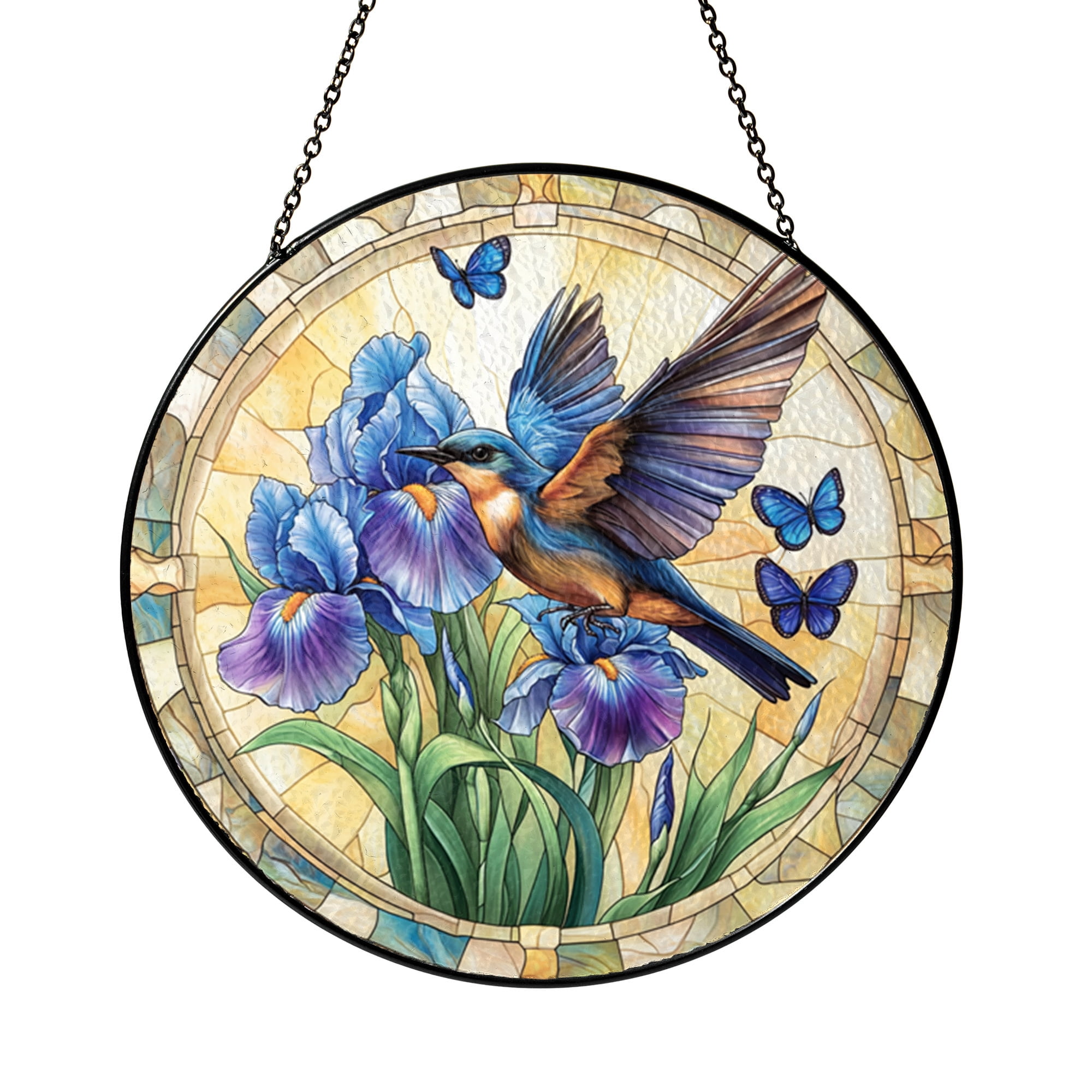 Blue Iris Stained Glass Suncatcher with Bluebird Round Floral Window ...