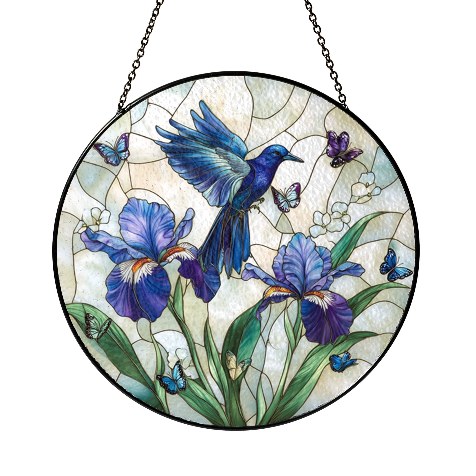 Blue Iris and Songbird Stained Glass Suncatcher – Floral Window Hanging ...