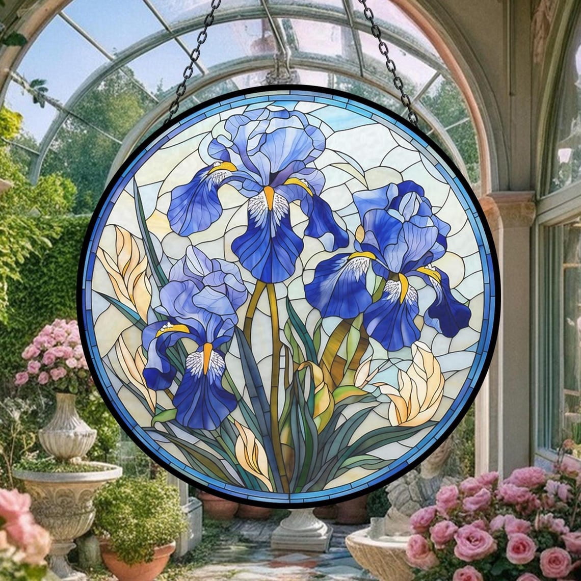 Blue Irises Glass Suncatcher, Florals Theme Window Garden Decoration ...
