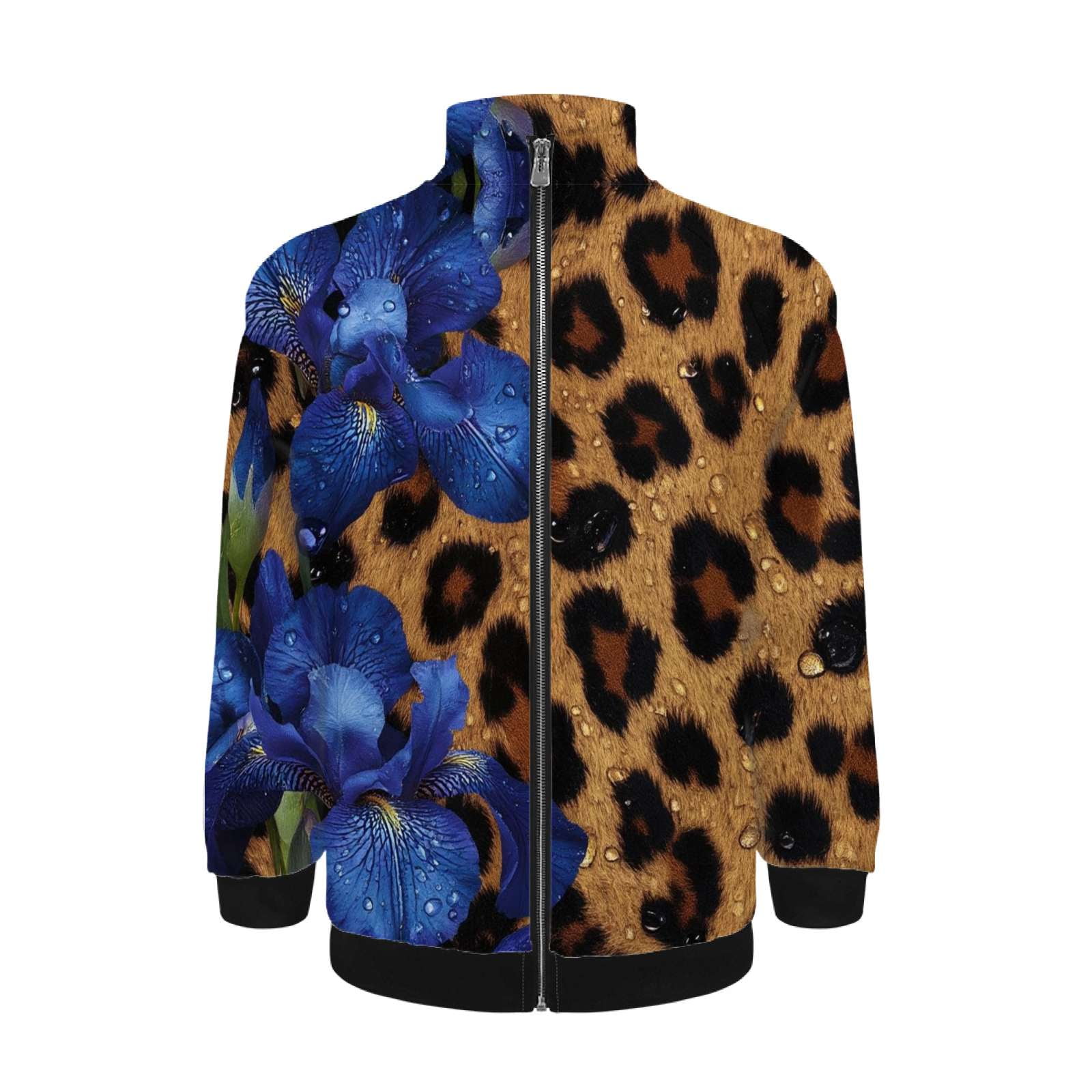 Blue Irises Leopard Print Background Jacket Men's Street Cool Long ...