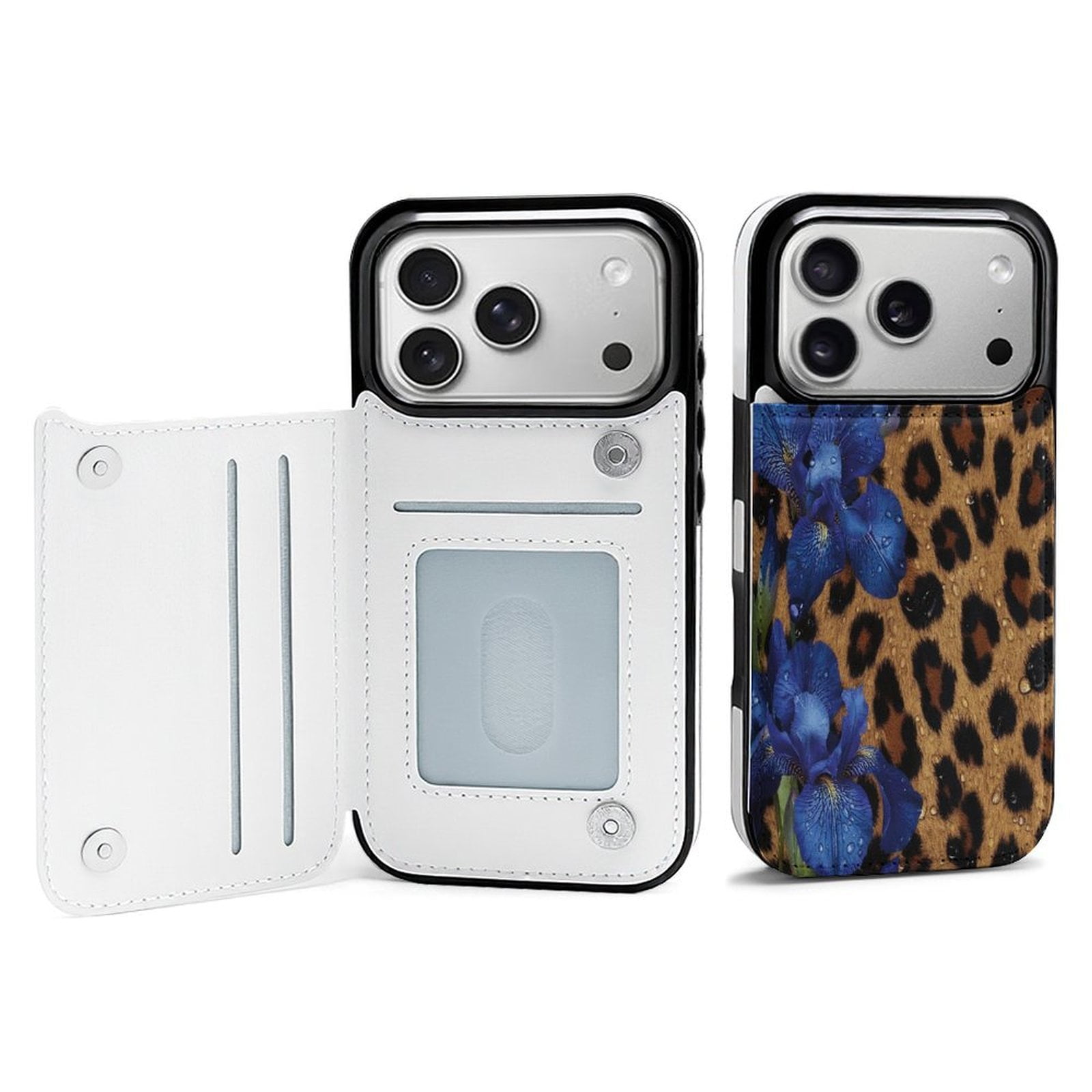Blue Irises Leopard Print Background Leather Wallet Case for iPhone 12 ...