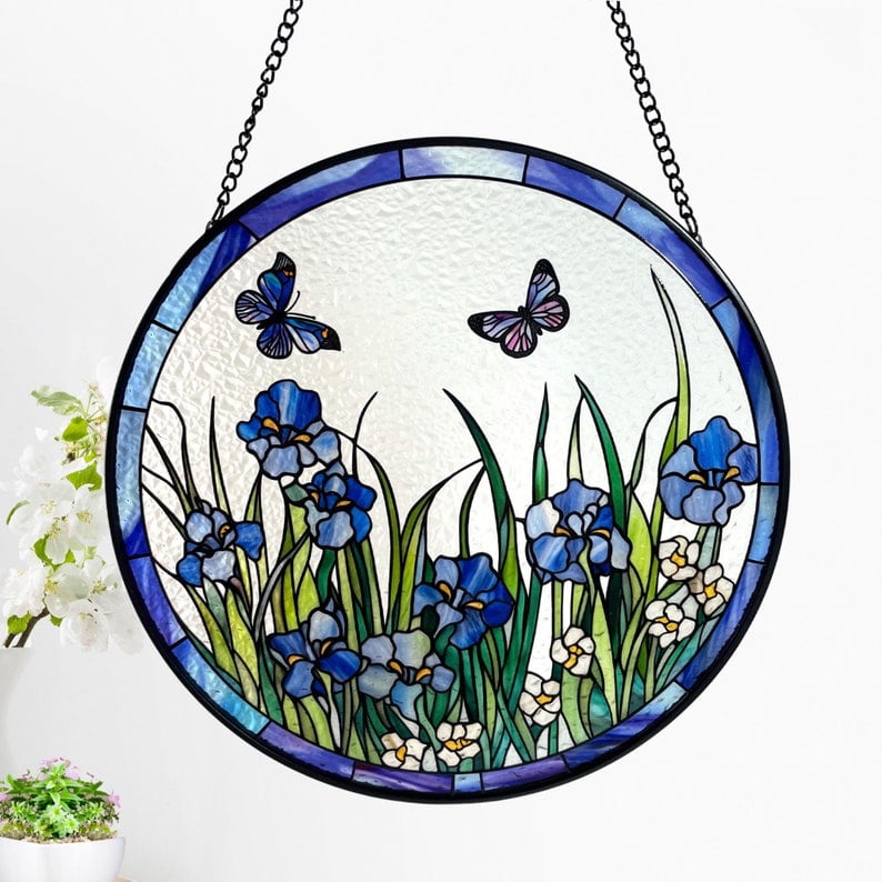 Blue Irises and Butterflies Stained Glass Suncatcher, Iris Flowers ...