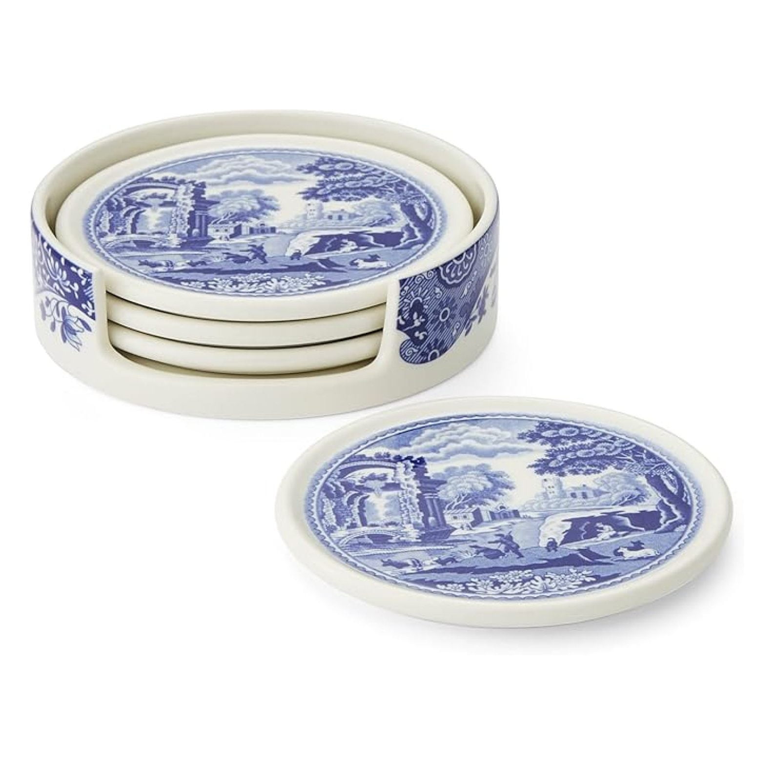 Blue Italian Ceramic Coasters with Holder - Set of 4 Drink Coasters for ...