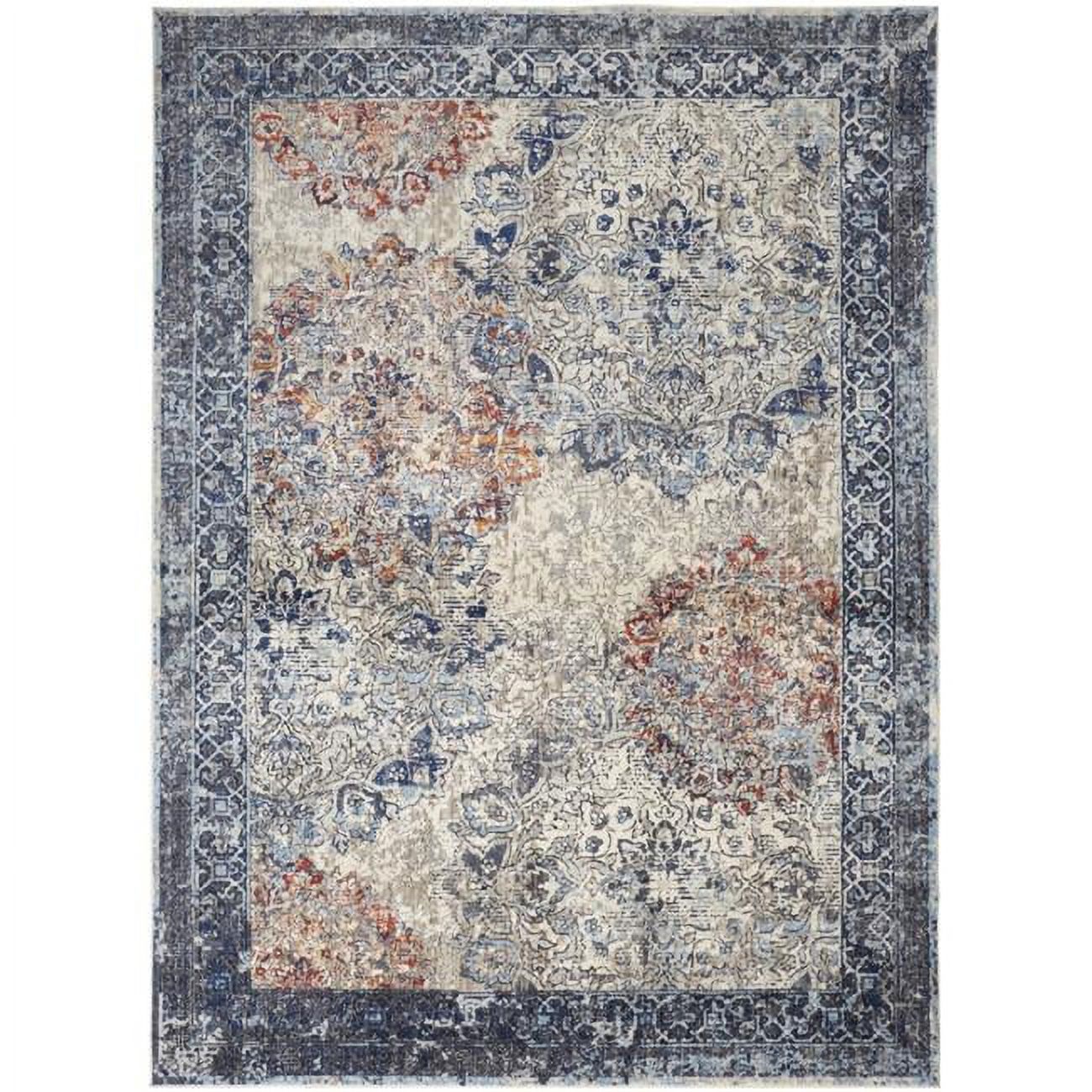 Blue Ivory & Red Floral Power Loom Distressed Stain Resistant Area Rug ...