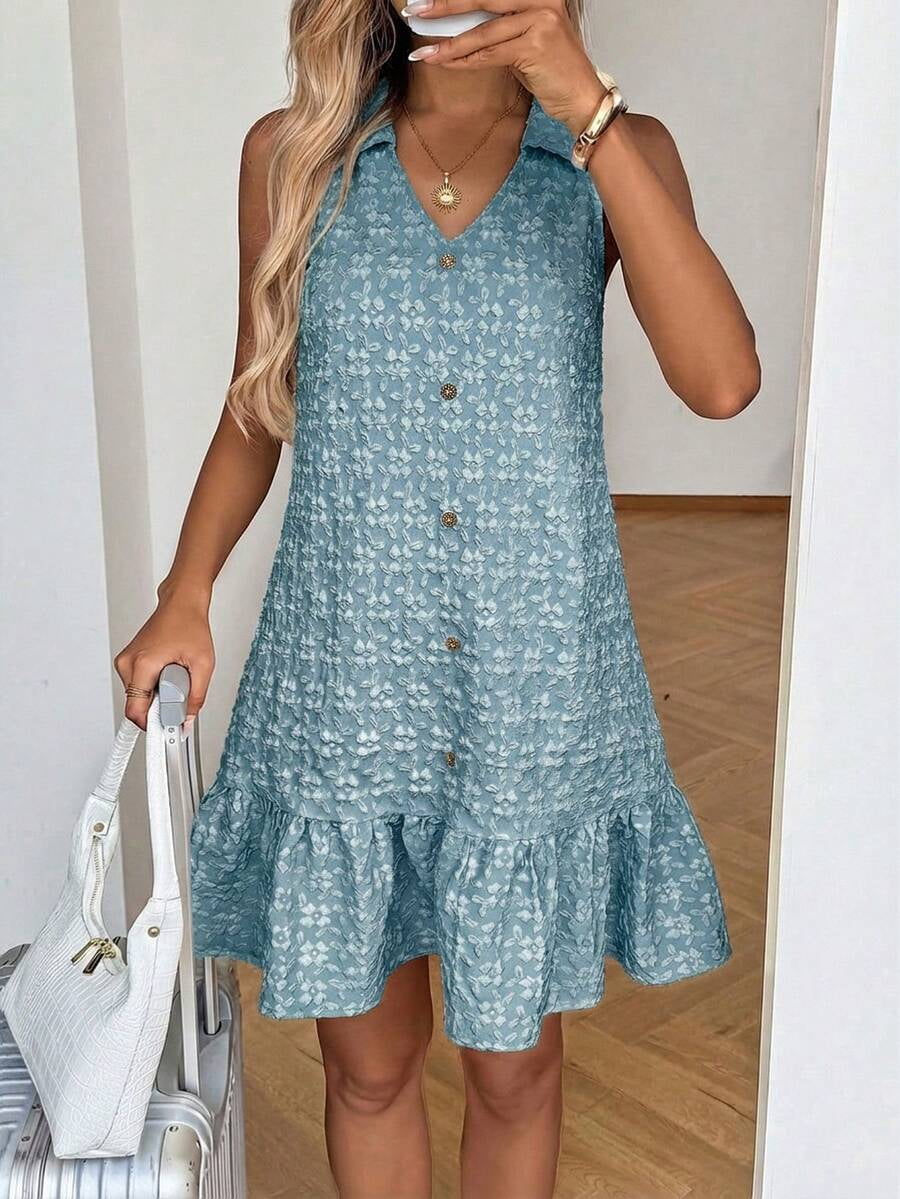 Blue Jacquard Textured Sleeveless Collared V-Neck Mini Dress With ...