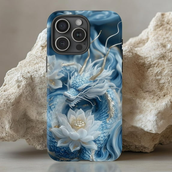 Blue Jade Carved Dragon Lotus Flower Phone Case for 17 16 15 14 13 12 ...