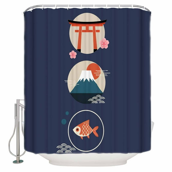Blue Japanese Bathroom Shower Curtains with 12 Hooks Polyester ...