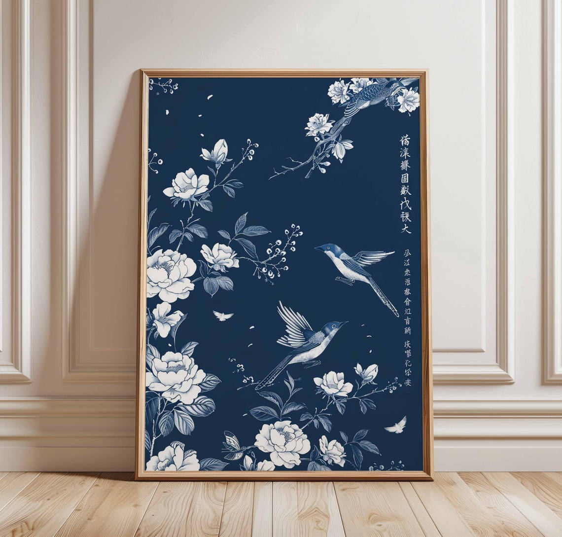 Blue Japanese Bird Chinoiserie Floral Oriental Vintage Botanical ...