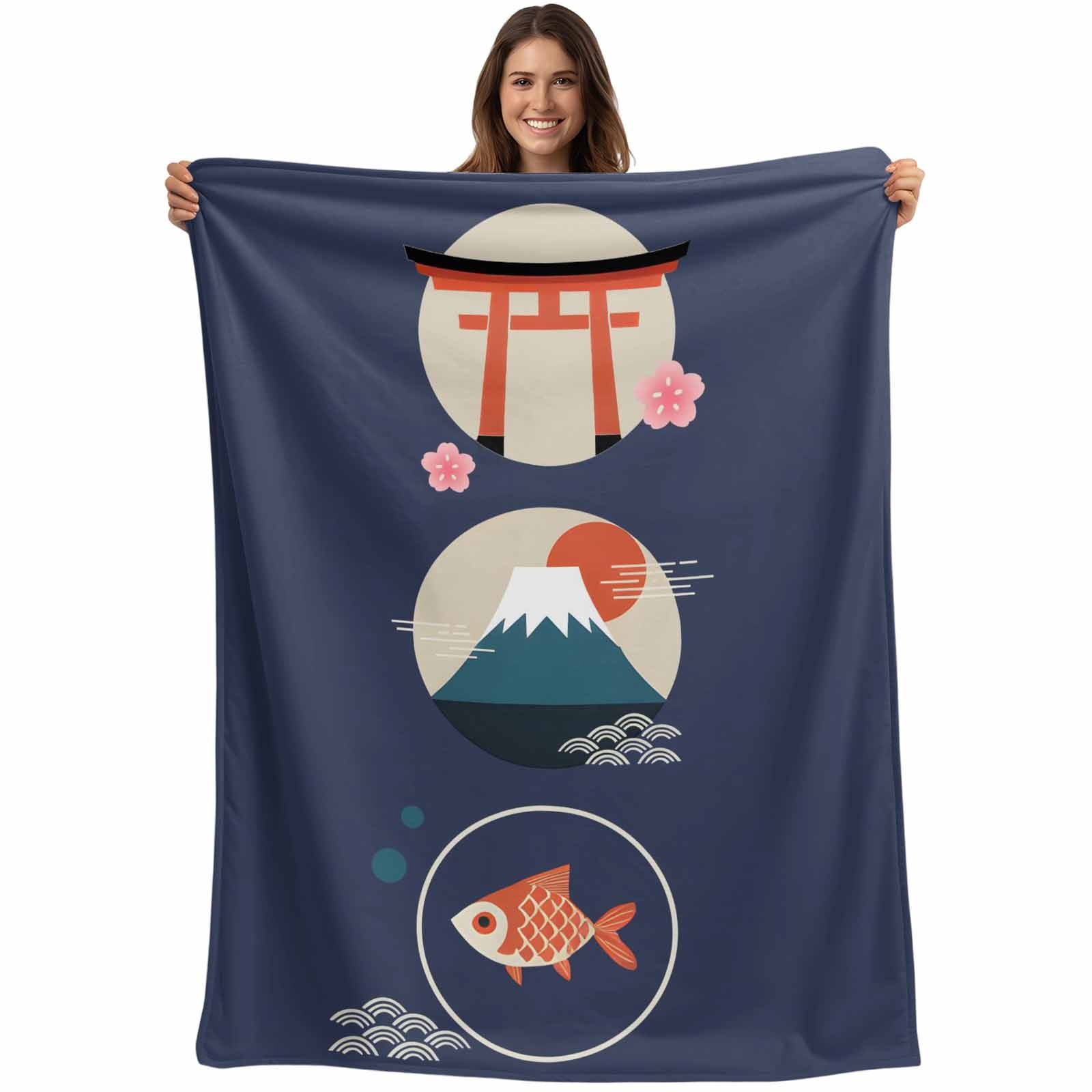Blue Japanese Blanket Soft Cozy Warm Throw Blanket for Couch, Plush ...