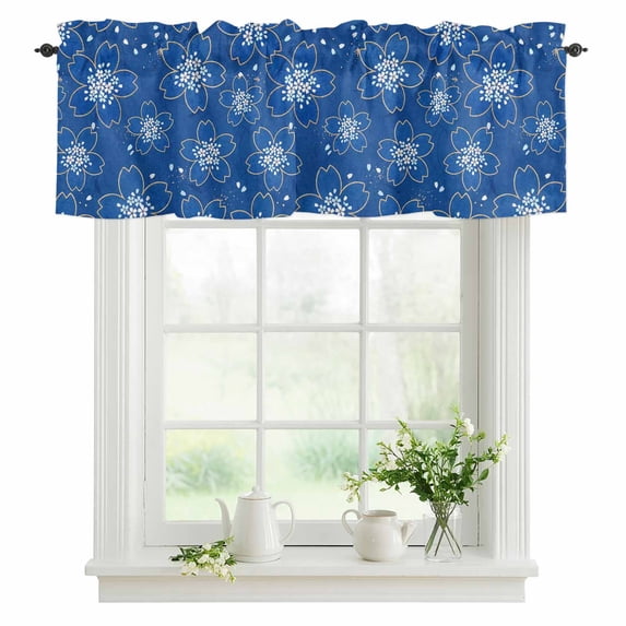 Blue Japanese Flower Valances for Windows, Rod Pocket Kitchen Valance ...