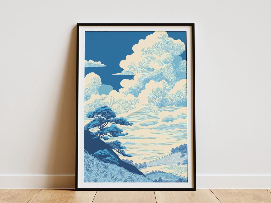 Blue Japanese Landscape Ukiyoe Woodcut Serene Pine Tree Calm Clouds ...