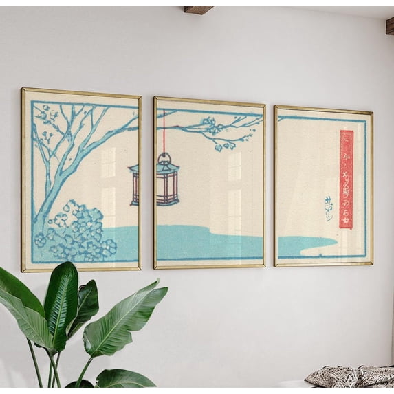 Blue Japanese Lantern Asian Botanical Tree Japandi Minimalist Decor Art ...