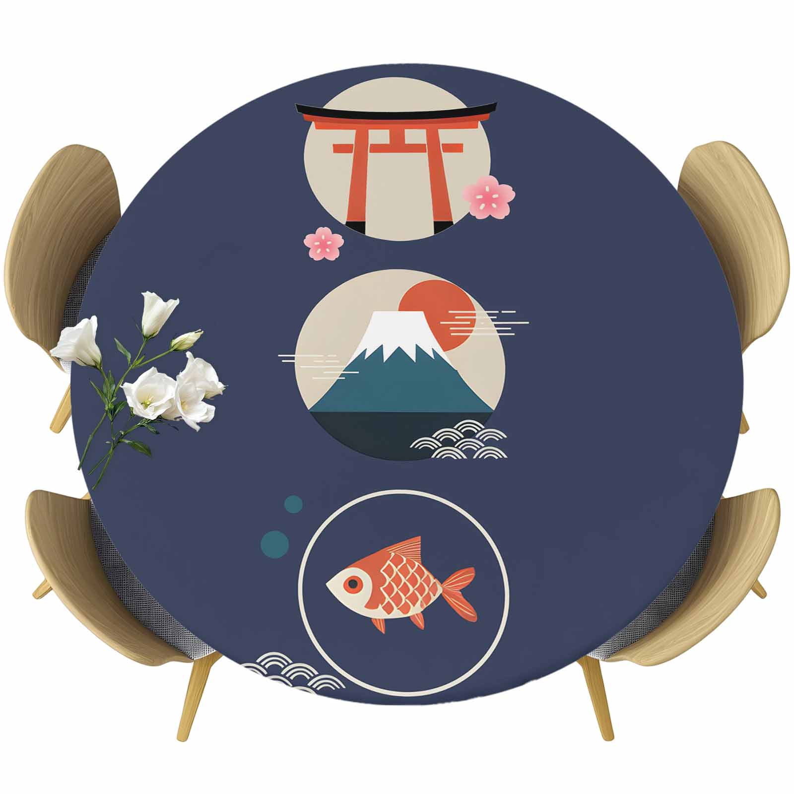 Blue Japanese Round Tablecloth, Fitted Table Cover with Elastic for 45 ...